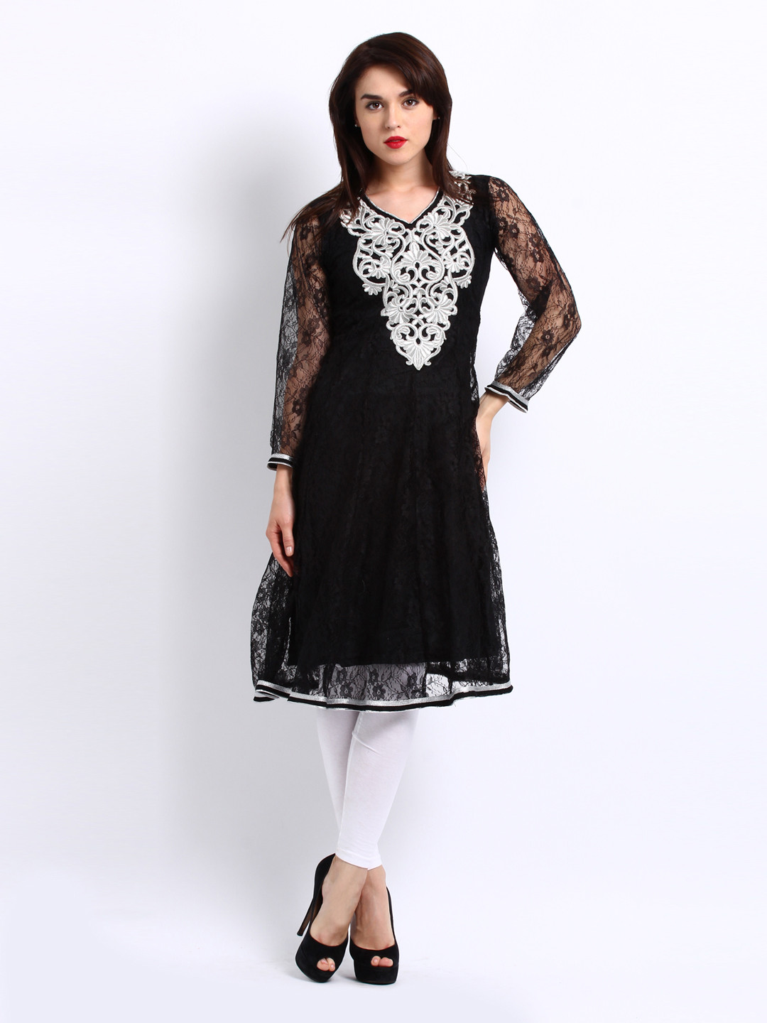 Buy Neels Women Black & Silver Lace Anarkali Kurta - Kurtas for Women ...