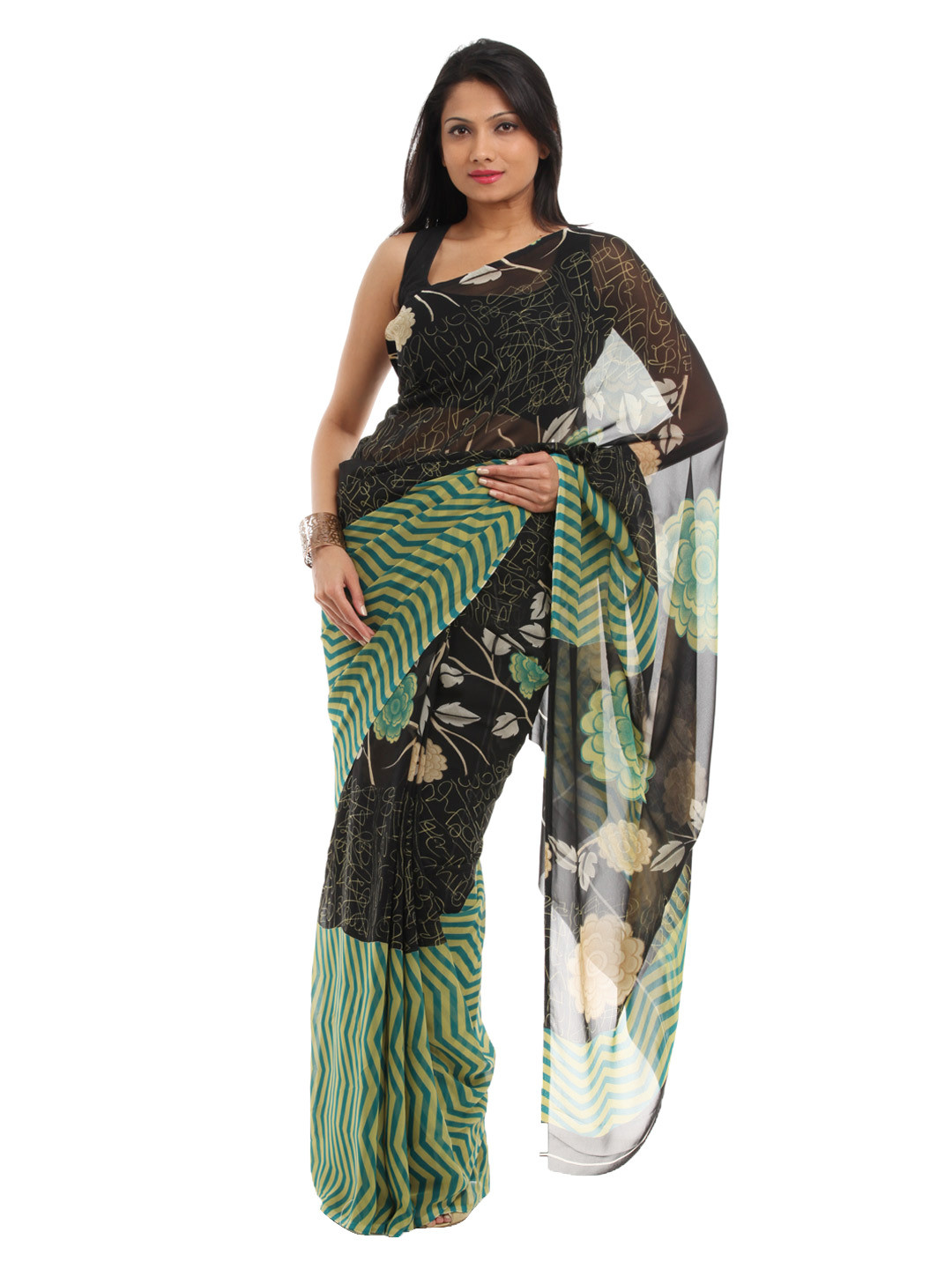 Buy Prafful Women Black & Grren Sari - Sarees for Women 57969 | Myntra
