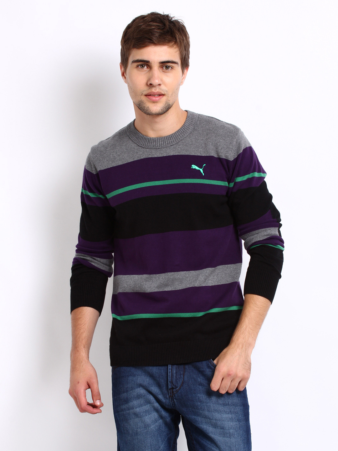Buy Puma Men Grey & Purple Striped Colour Blocked Sweater - Sweaters ...