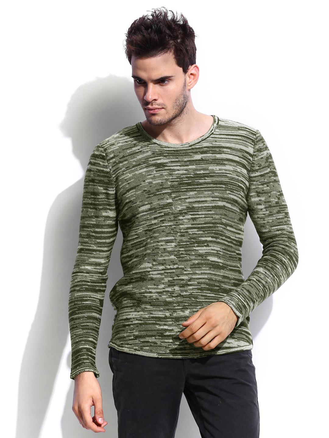 Buy RDSTR Men Olive Green & Off White Classic Sweater With Curved Hem ...