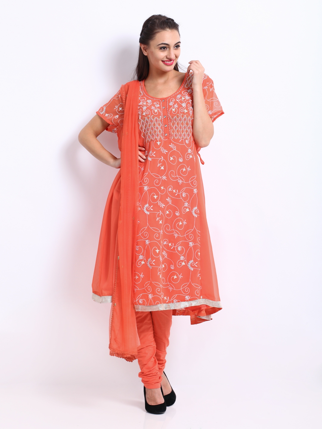 Buy Rain And Rainbow Women Orange Embroidered Churidar Kurta With Dupatta