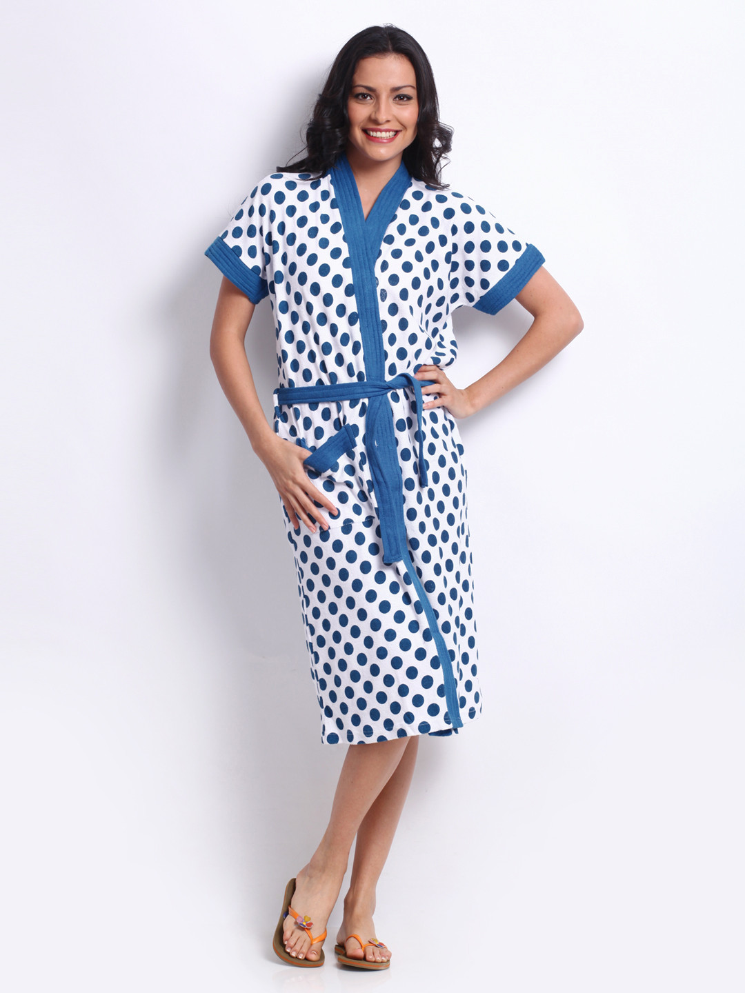 Buy Red Rose Women White & Blue Polka Dot Print Bath Robe - Bath Robe ...