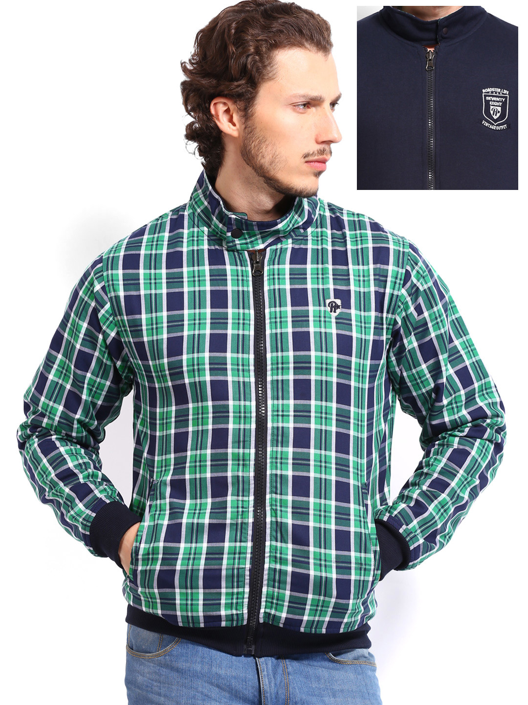 Buy Roadster Men Green & Navy Checked Reversible Jacket - Jackets for ...