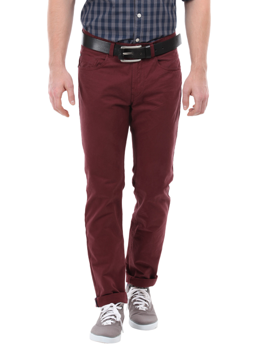 Buy Roadster Men Maroon Over Dyed Slim Fit Coloured Chinos Trousers ...