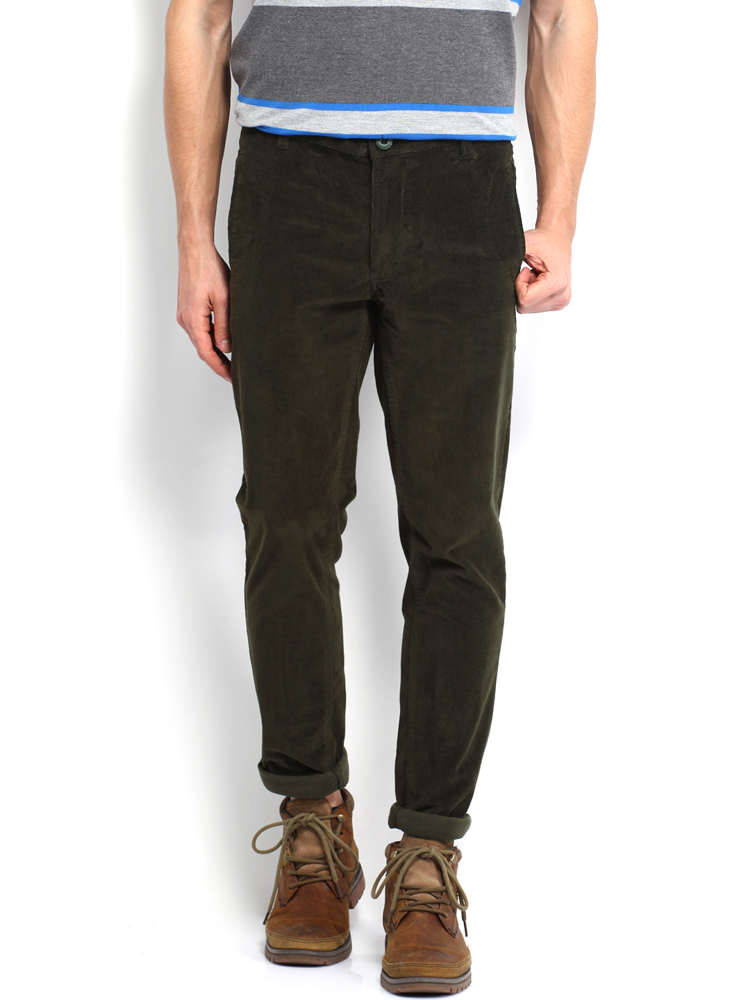 Buy Roadster Men Olive Green Torino Slim Fit Corduroy Trousers ...