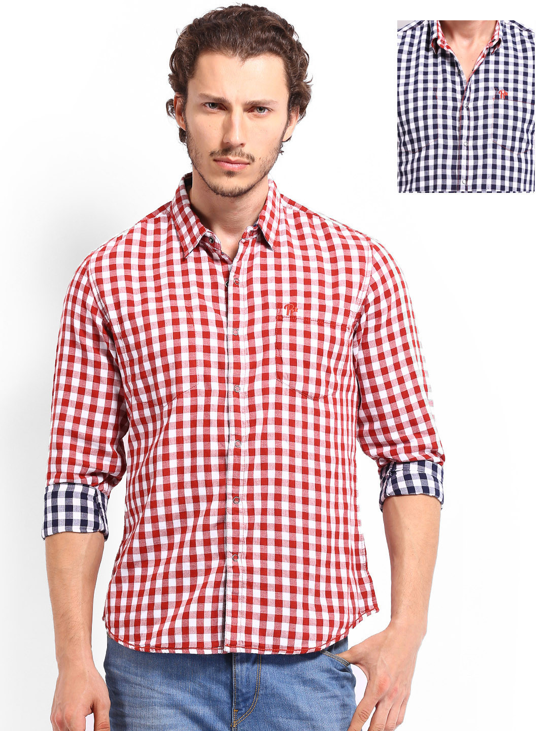 Buy Roadster Men Red & Navy Checked Reversible Slim Fit Casual Shirt ...