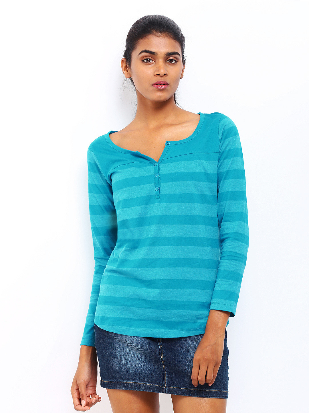 Buy Roadster Women Turquoise Blue Striped Henley Top - Tops for Women ...