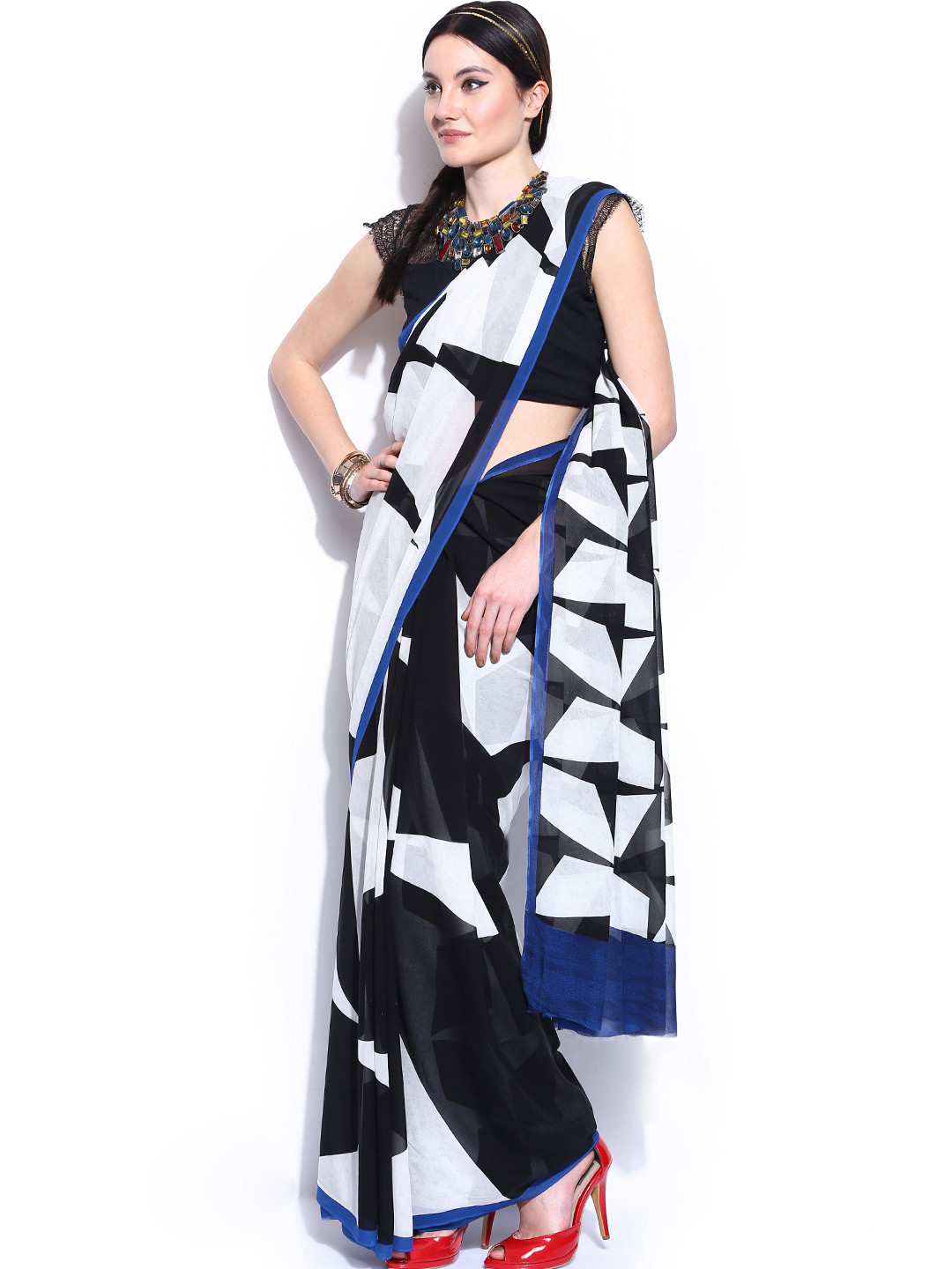 Buy Satya Paul Black & White Georgette Printed Saree - Sarees for Women ...