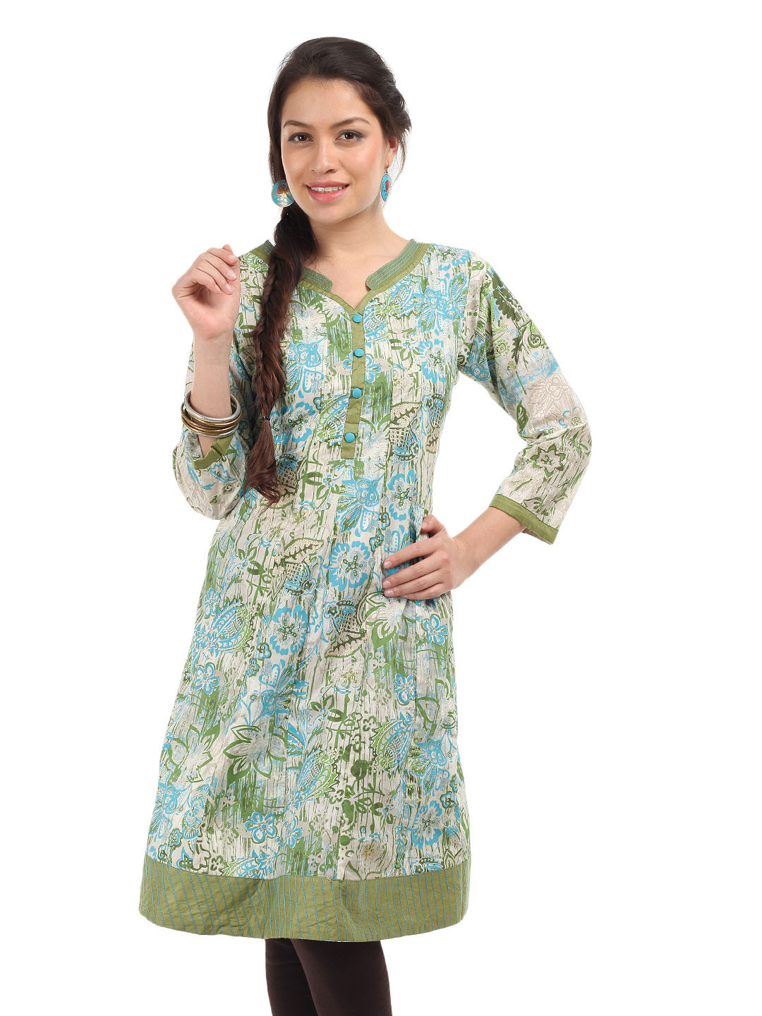 Buy Shree Women Green & Turquoise Blue Floral Print Kurta - Kurtas for ...
