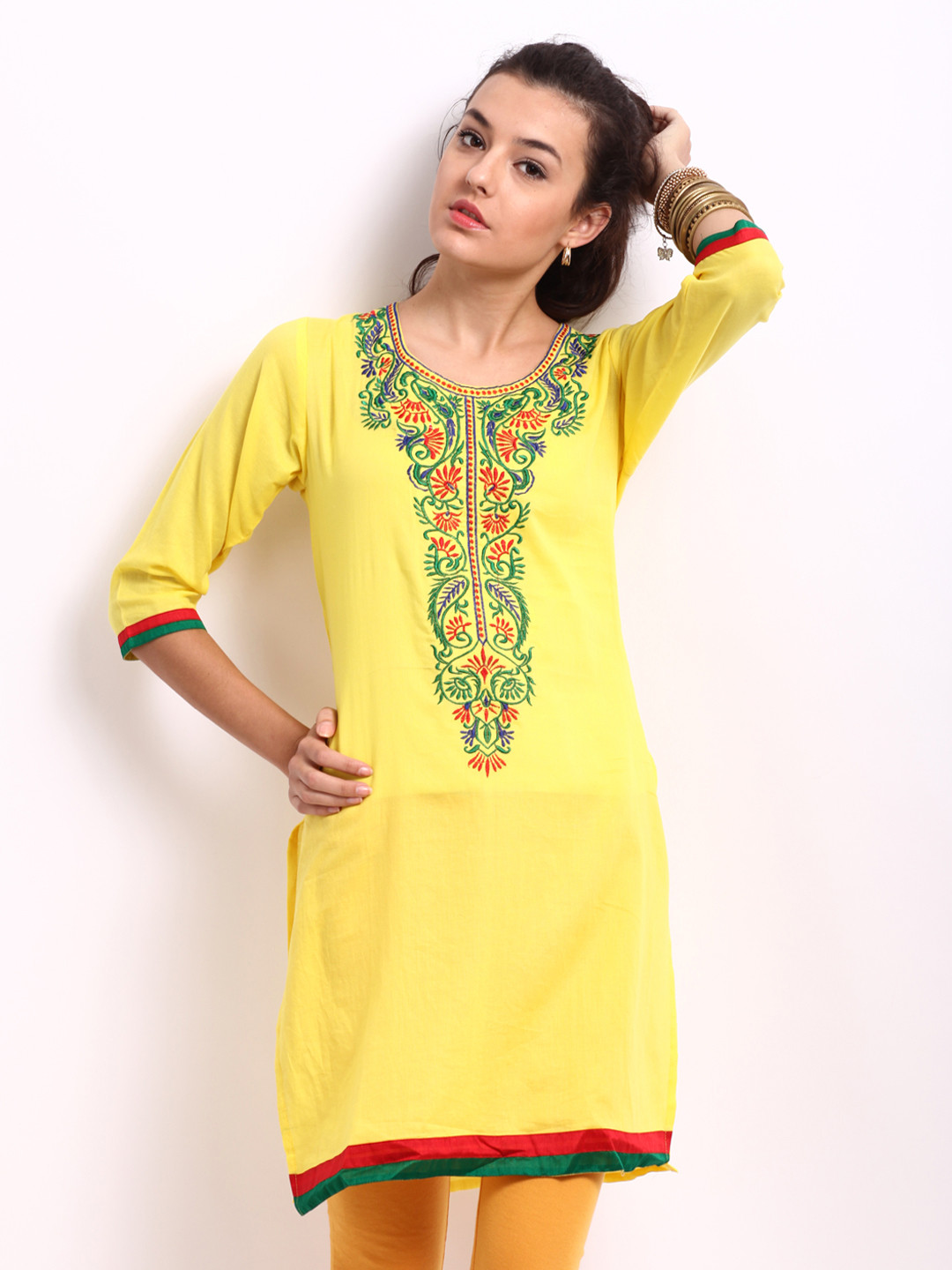 Buy Shree Women Yellow & Green Embroidered Kurta - Kurtas for Women ...