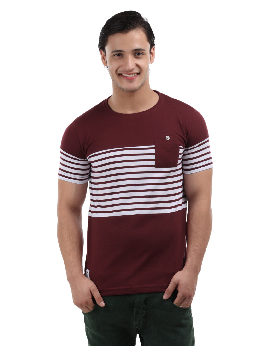 Buy Status Quo Men Maroon And White Striped Pure Cotton T Shirt ...