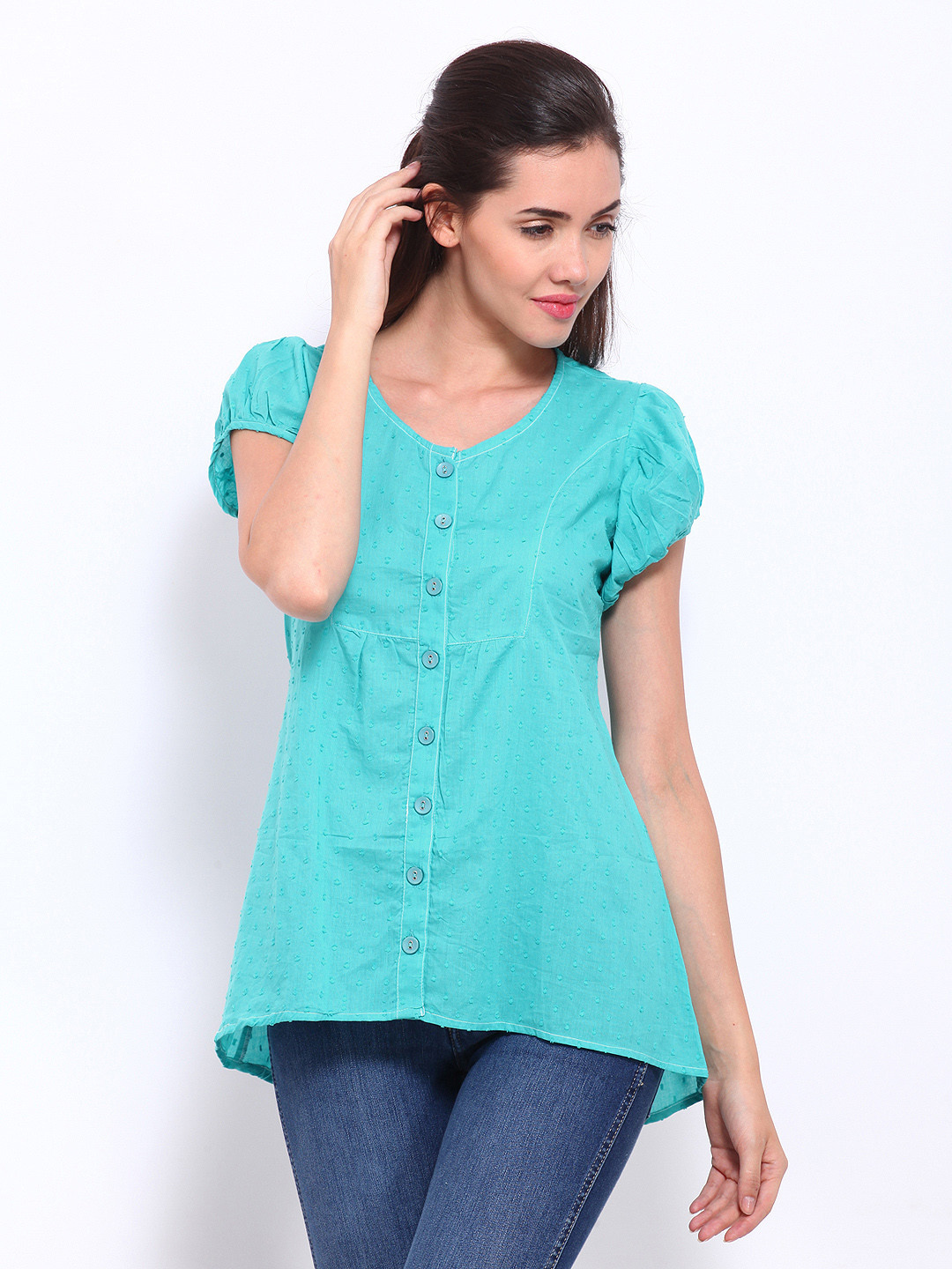 Buy Style Quotient Women Turquoise Blue Dobby Weave Top - Tops for ...