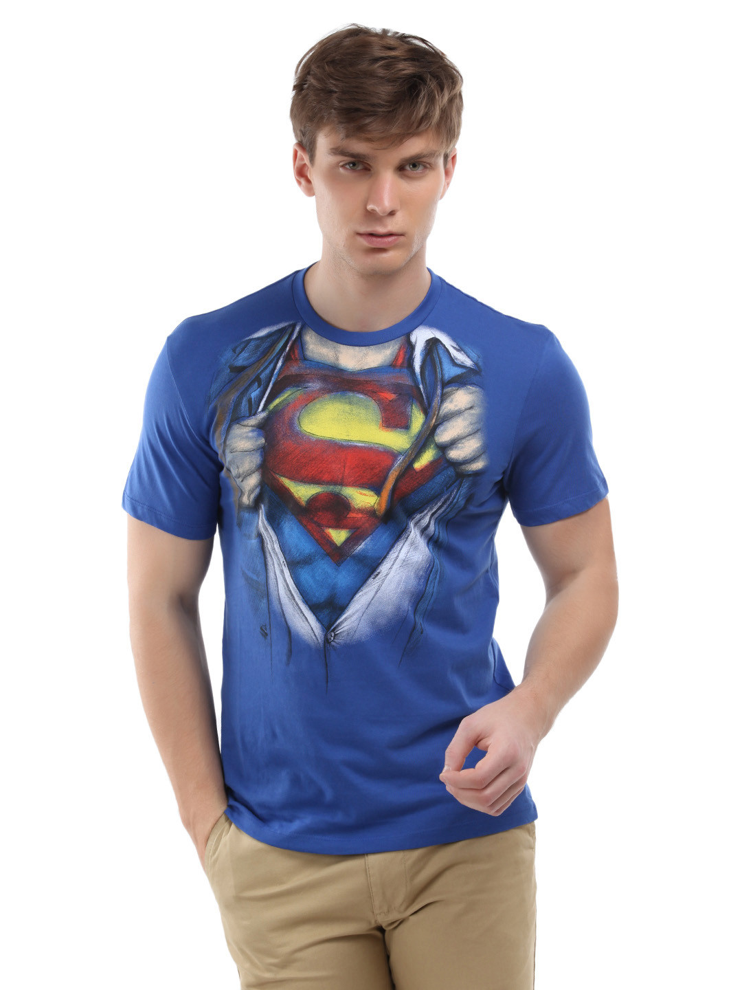Buy Free Authority Men Blue Superman Printed Pure Cotton T Shirt ...