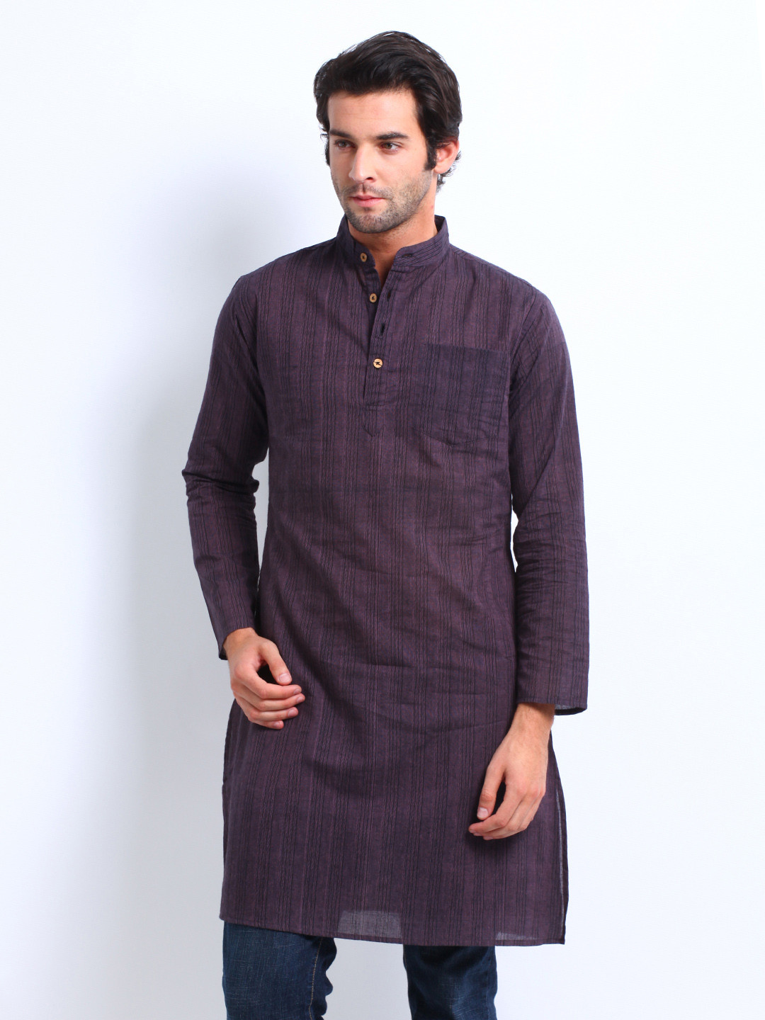 Buy Svanik Men Purple & Black Striped Kurta - Kurtas for Men 165342 ...