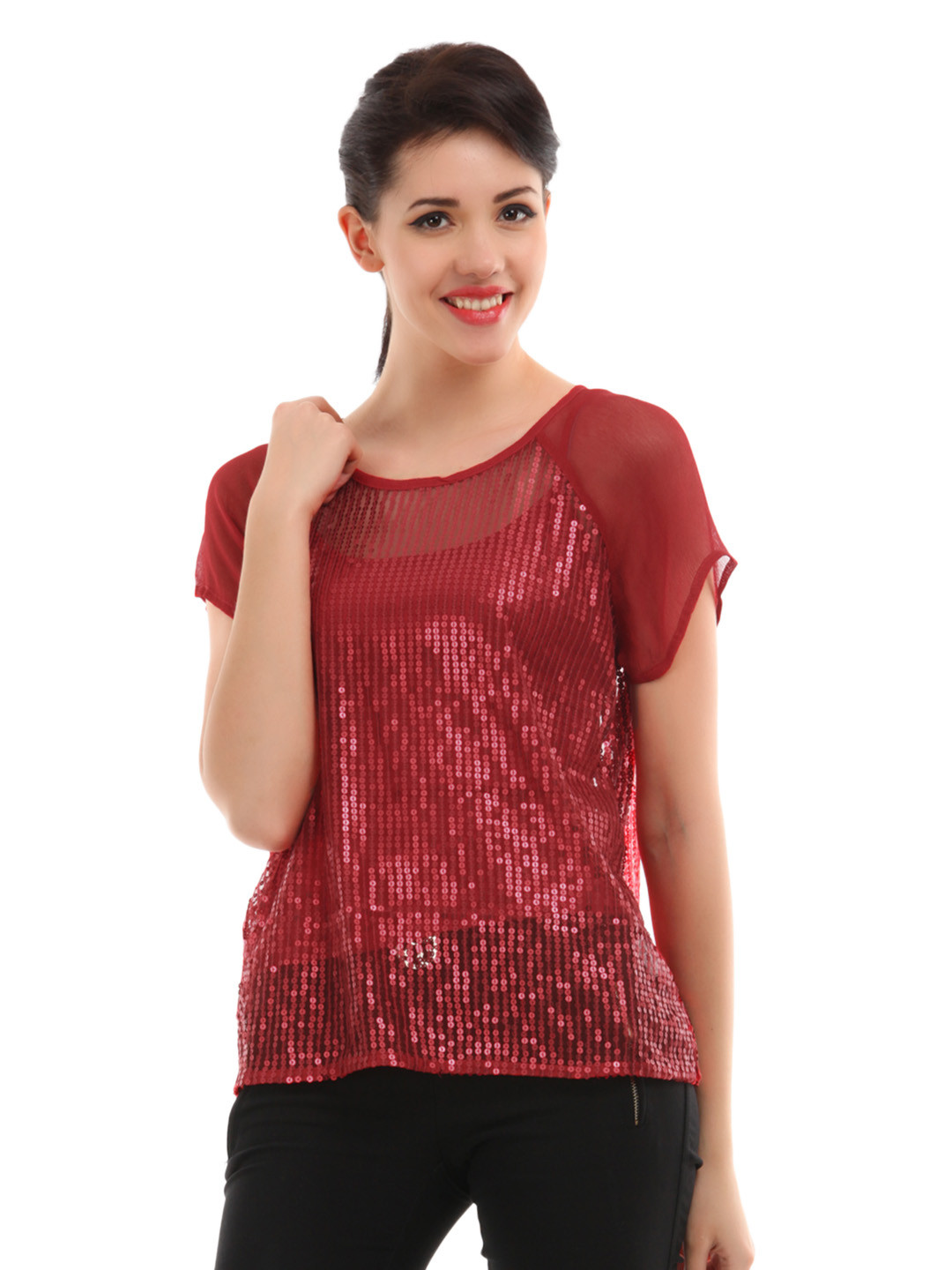 Buy The Vanca Women Red Sequined Chiffon Top - Tops for Women 106242 ...