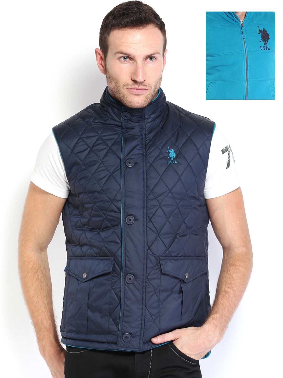 Buy U.S. Polo Assn. Men Blue Sleeveless Padded Reversible Jacket ...