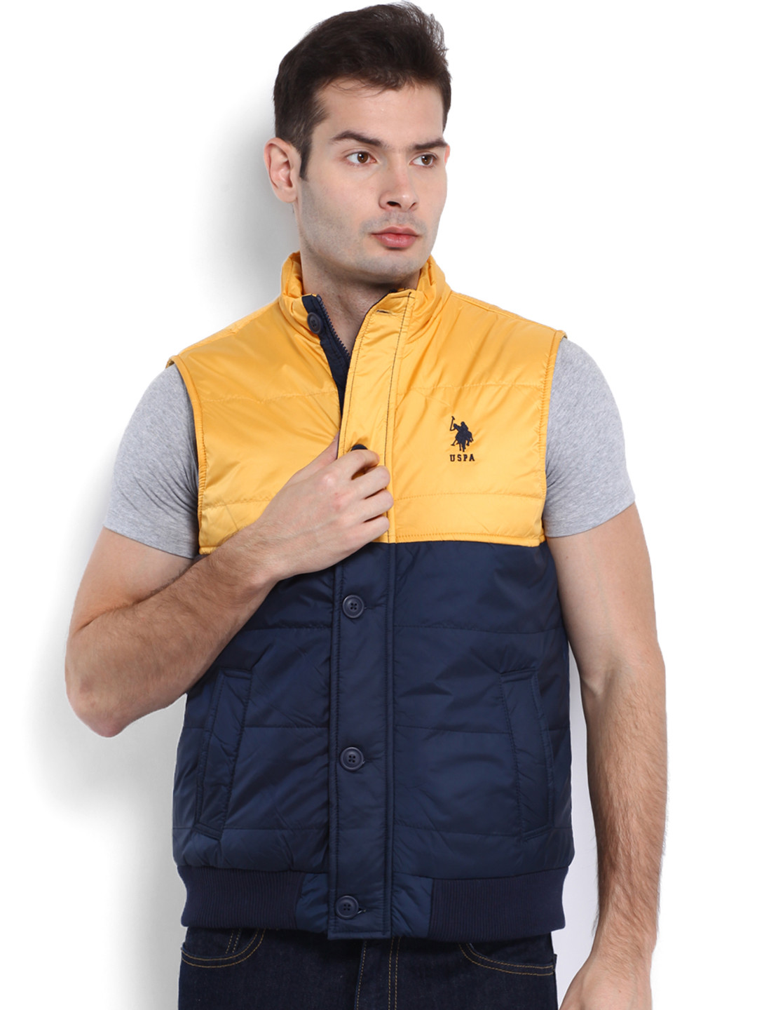 Buy U.S. Polo Assn. Men Yellow & Blue Sleeveless Padded Jacket ...