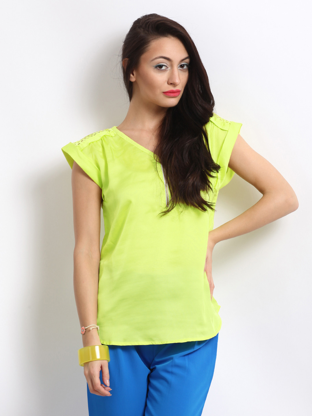 Buy Uolo Women Fluorescent Green Laser Cut Top - Tops for Women 181697 ...