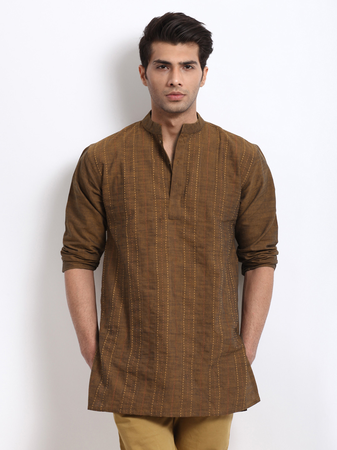 Buy Veda Men Brown Embroidered Kurta - Kurtas for Men 169673 | Myntra