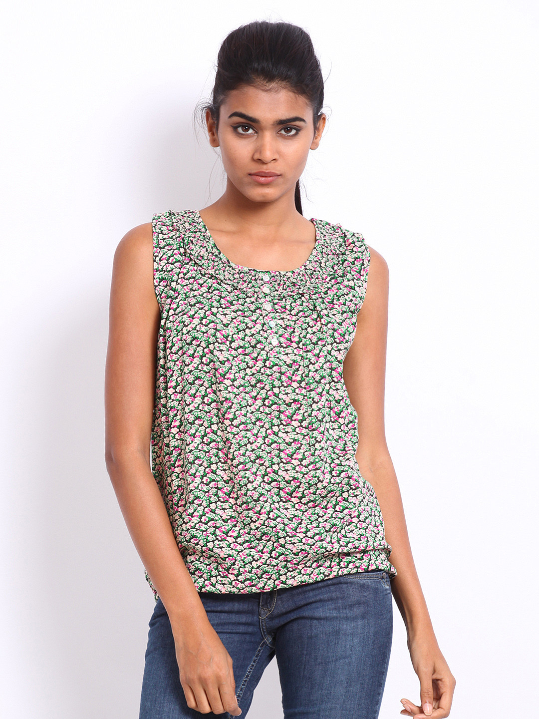Buy Vero Moda Women Green & Cream Coloured Floral Print Top - Tops for ...