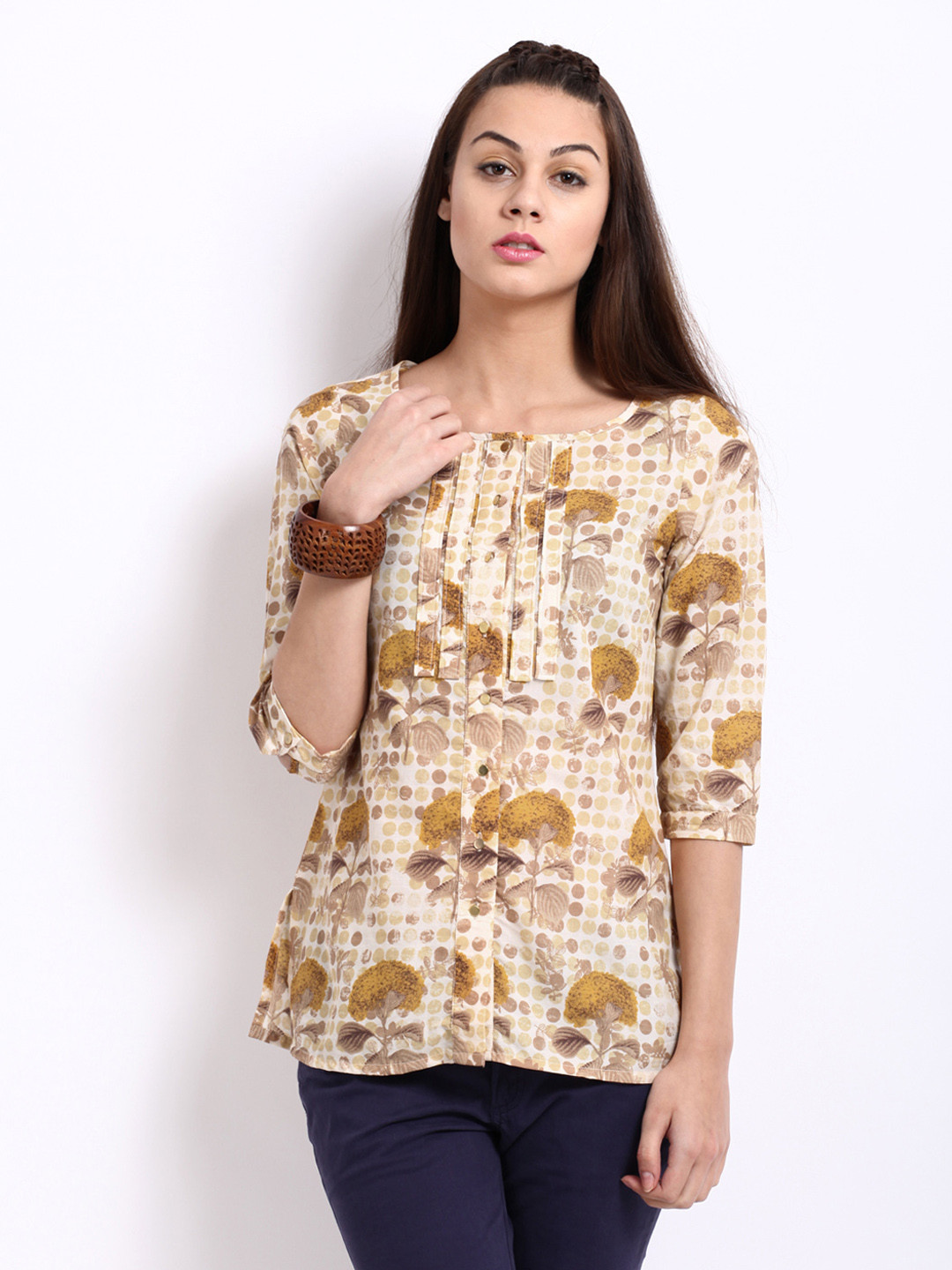 Buy W Women Beige & Mustard Yellow Printed Top - Tops for Women 153332 ...