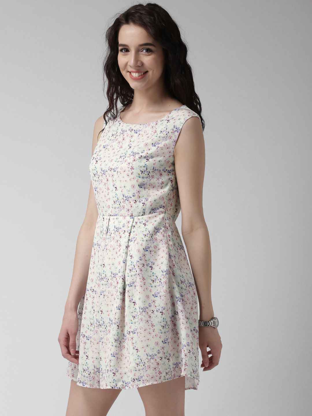Buy Mast & Harbour Off White Floral Print Polyester A Line Dress ...
