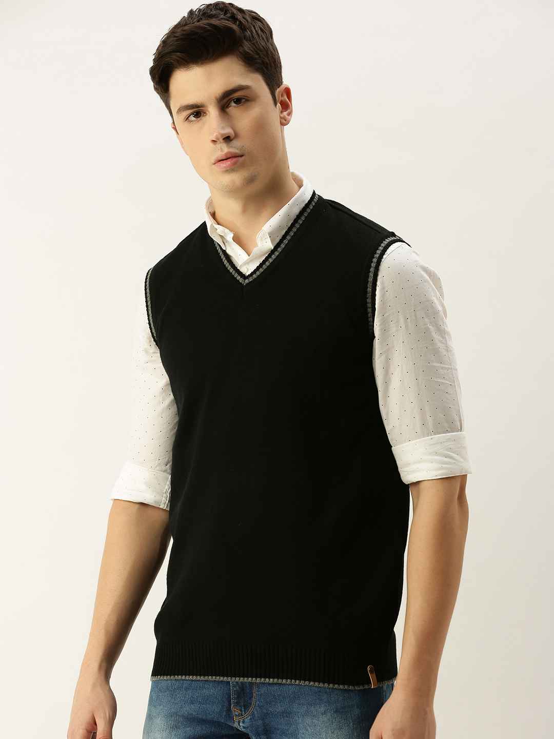 Buy Peter England Men Black Solid Sweater Vest Sweater - Sweaters for ...