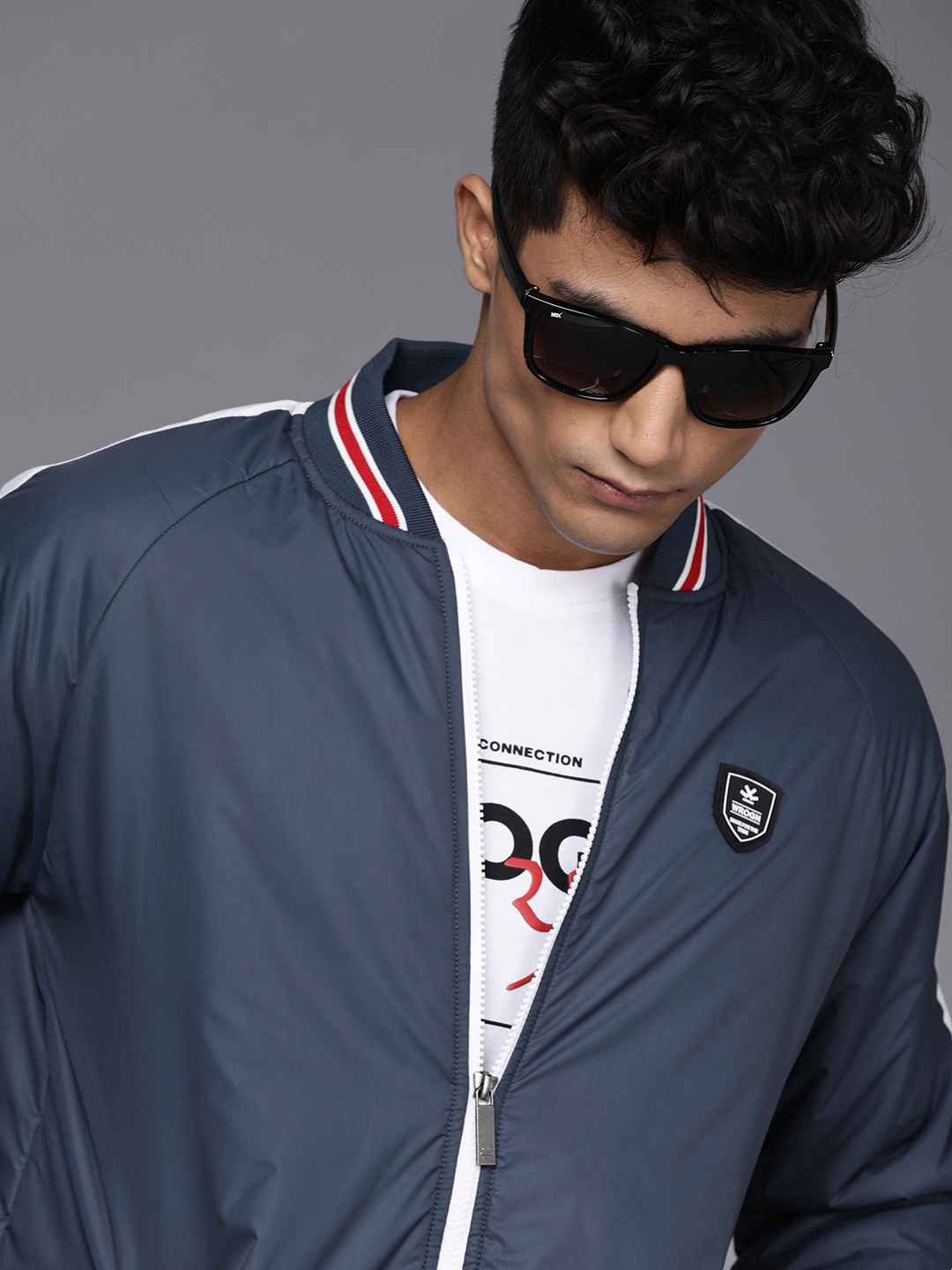 Buy WROGN Men Navy Blue & White Solid Varsity Jacket - Jackets for Men ...