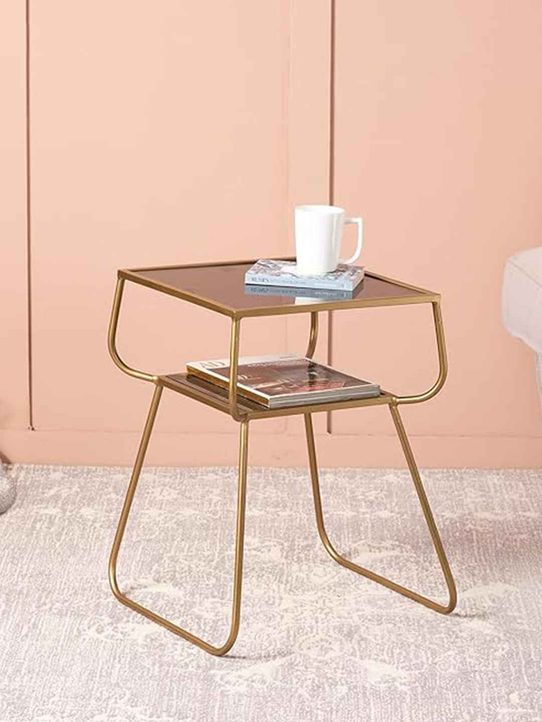 Buy Nestroots Golden Toned Two Tier Iron & Glass Magazine Sofa Side ...