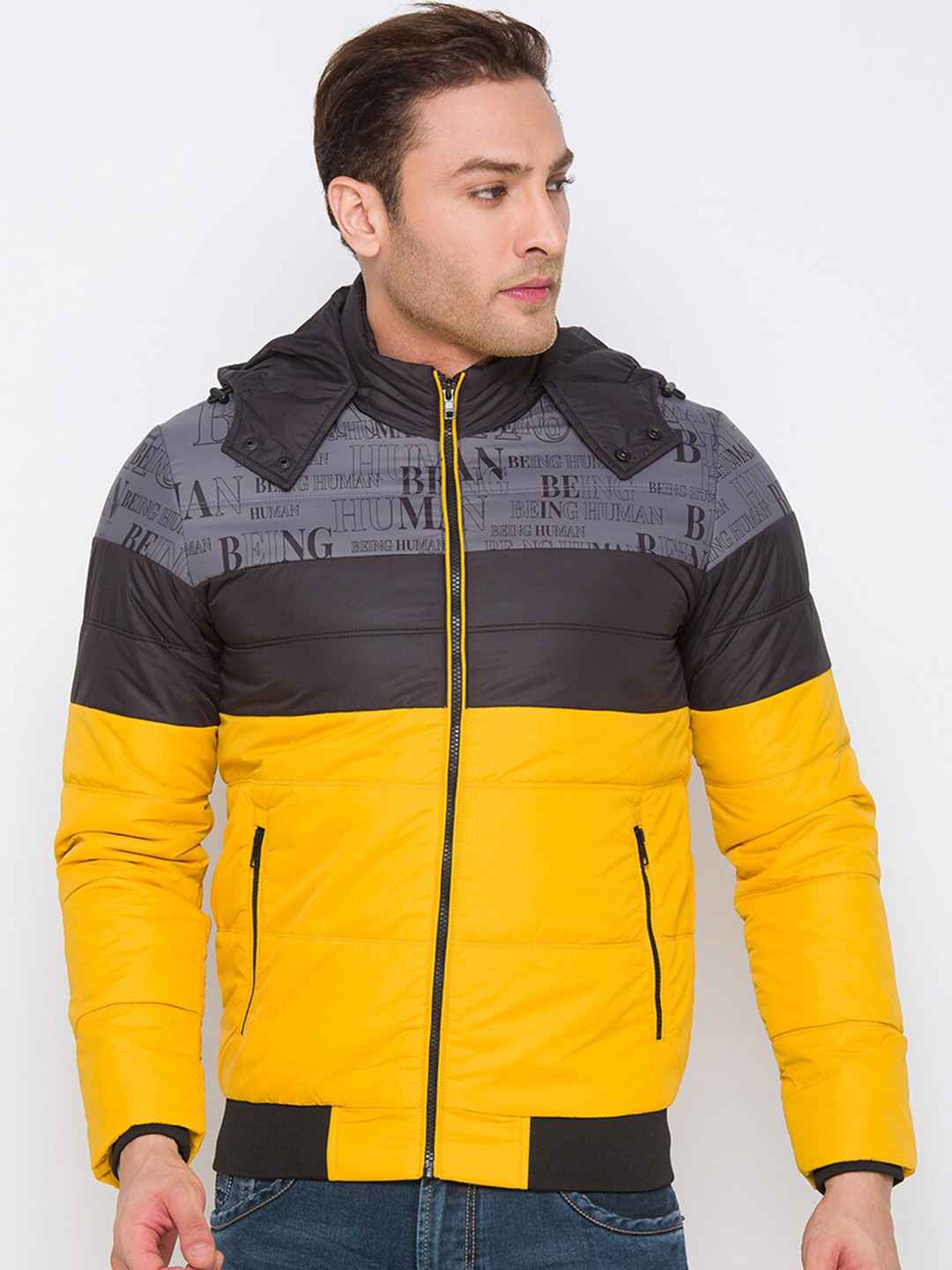 Buy Being Human Men Grey Checked Lightweight Bomber With Patchwork ...