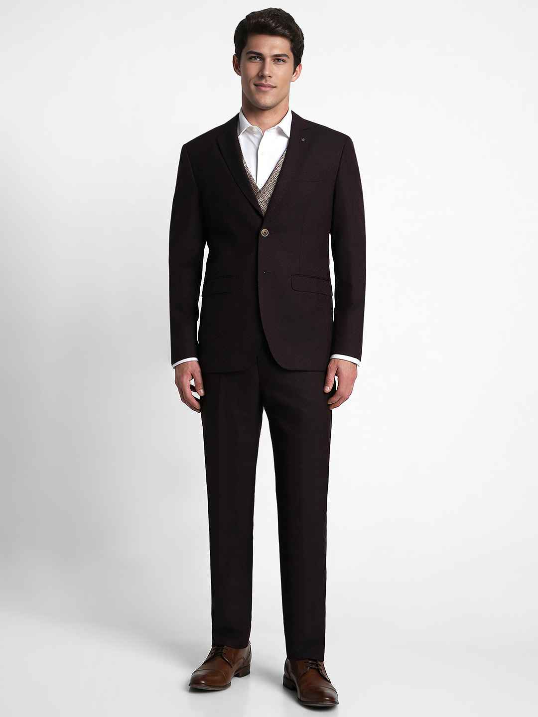 Buy Louis Philippe Gods & Kings Men Maroon Self Design Slim Fit Single ...