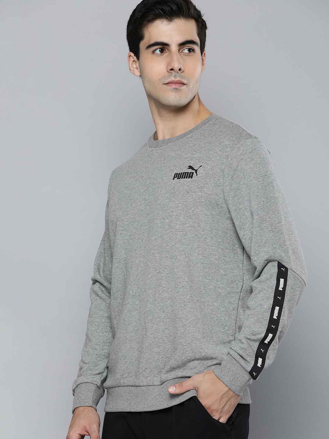 Buy Puma Men Grey Brand Logo Printed Tape Crew Pullover Regular Fit ...