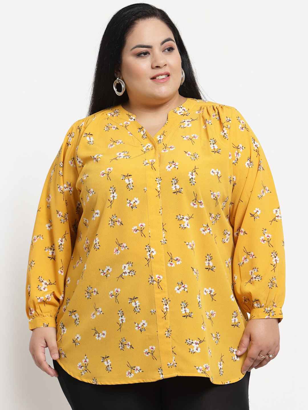 Buy PlusS Plus Size Mustard Yellow & White Floral Print Mandarin Collar ...