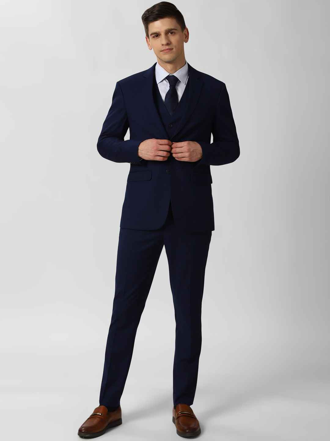 Buy Peter England Elite Men Navy Blue Solid Slim Fit Single Breasted ...