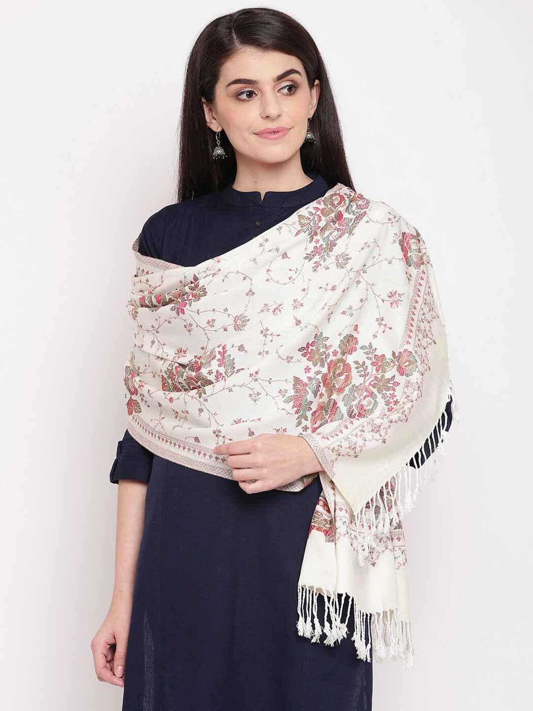 Buy HK Colours Of Fashion Women Off White & Pink Woven Design Stole ...