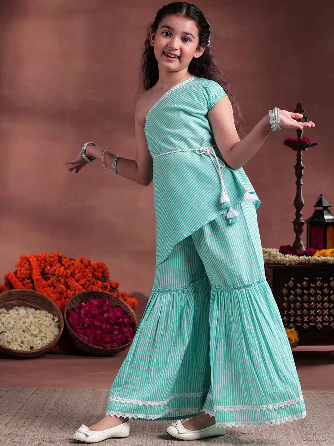 Buy Libas KIDS Girls Striped One Shoulder Pure Cotton A Line Kurta With ...