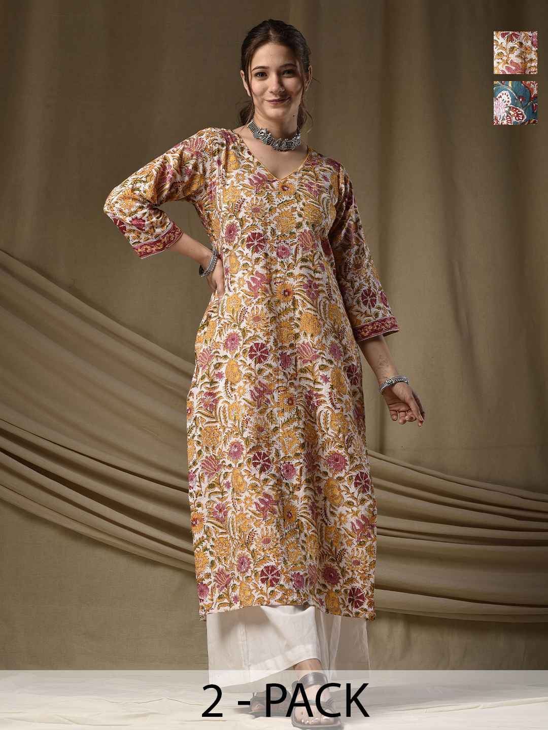 Buy DIMPLE DESIGN STUDIO Selection Of 2 Floral Block Printed V Neck ...