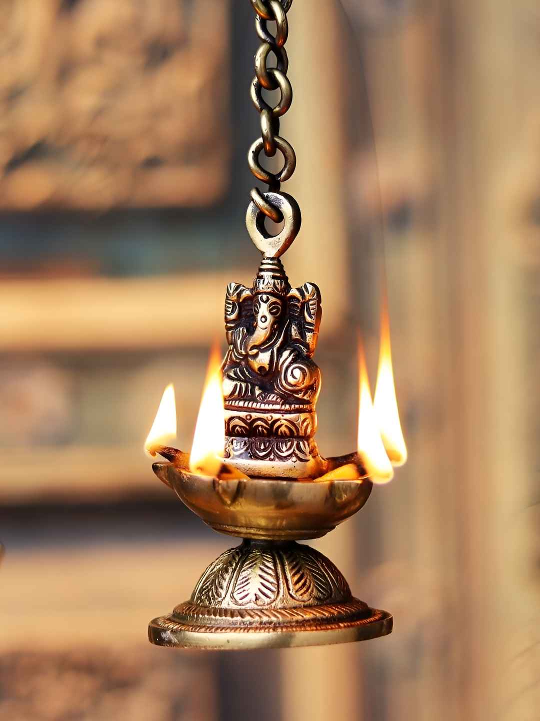 Buy Indianshelf Gold Toned Textured Brass Lord Ganesha Hanging Deepak ...