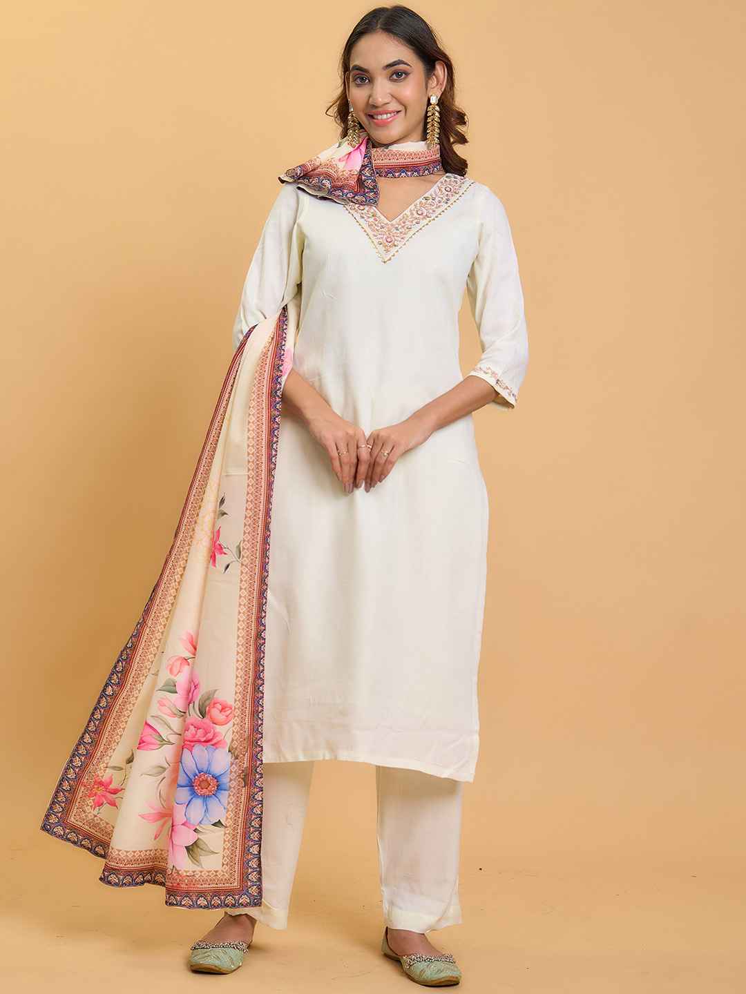 Buy KALINI Floral Embroidered V Neck Sequinned Straight Kurta With ...