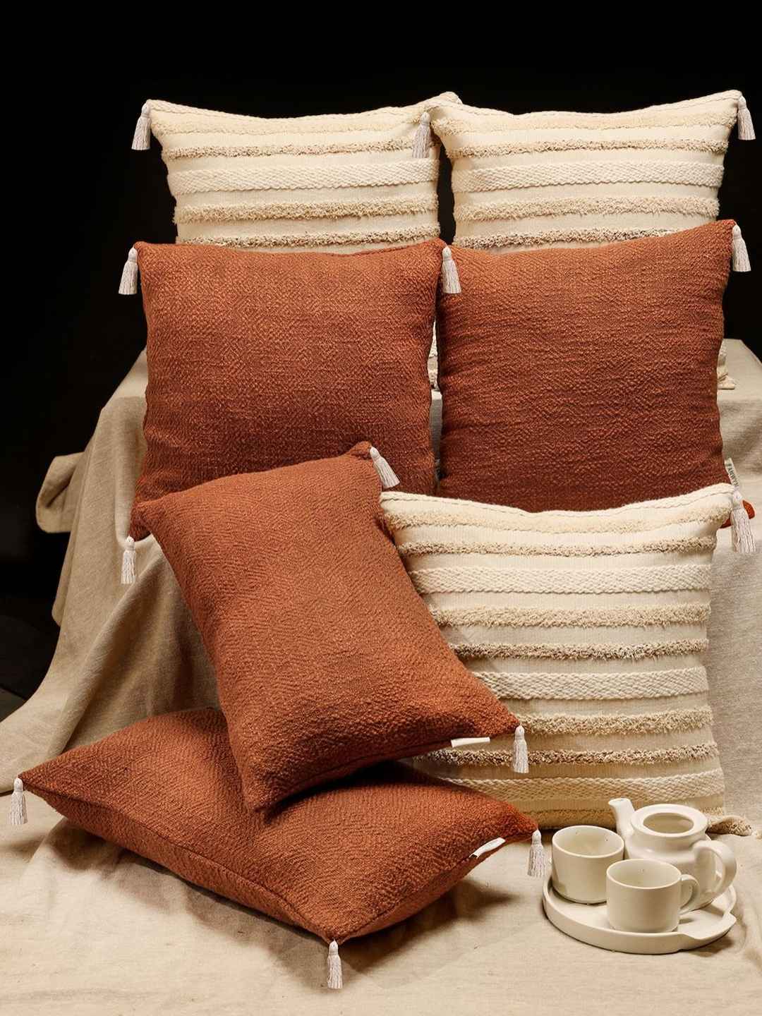 Buy ANWYN Modern Indie Brown & Cream Colored 5 Pieces Self Design ...