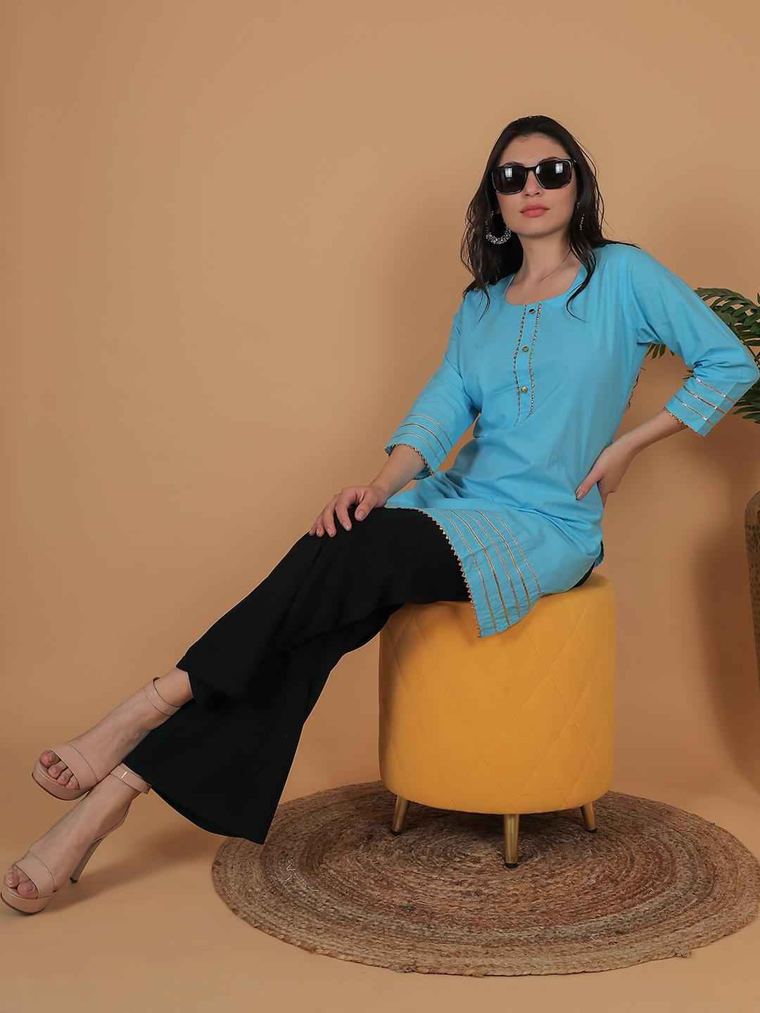 Buy Mytrendzs Women Sky Blue Straight Cotton Kurta With Golden Lace Detailing - Kurtis for Women ...