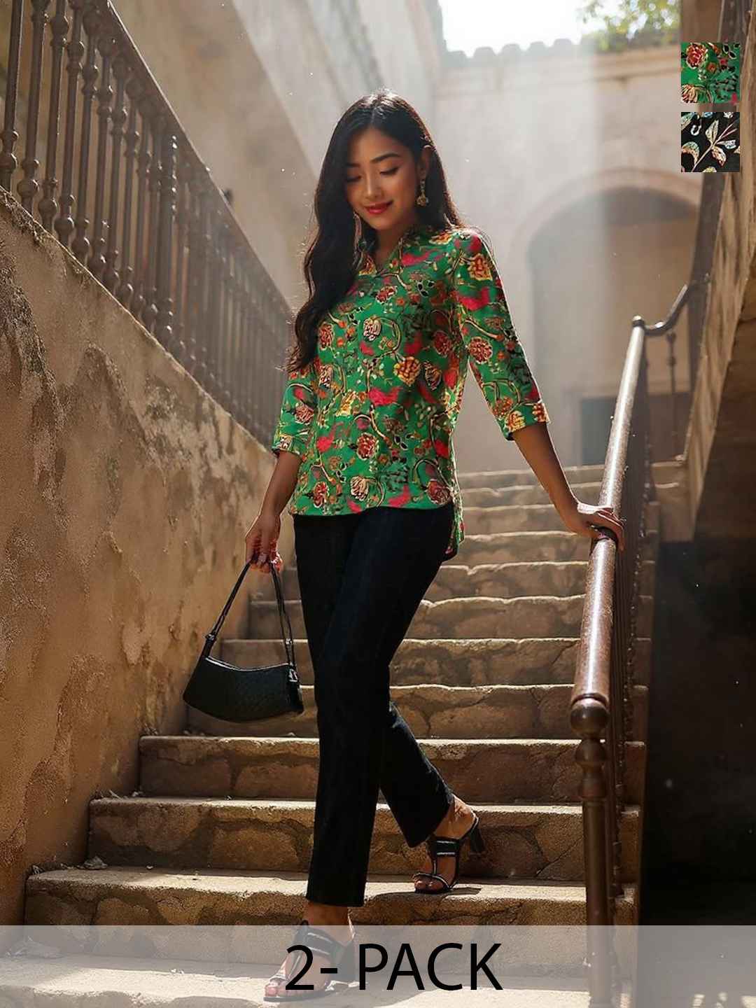 Buy THE FAB FACTORY Pack Of 2 Mandarin Collar Printed Tunic - Tunics ...