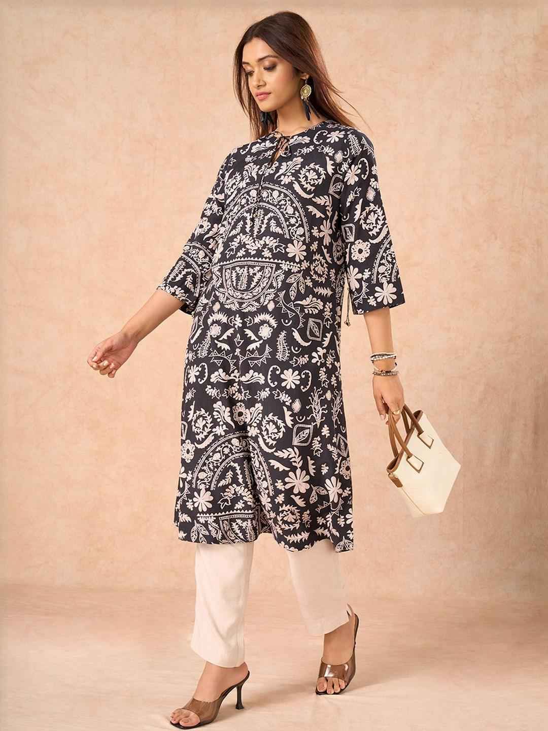 Buy Marigold Lane Women Ethnic Motifs Printed Toe Ups Neck Kurta ...
