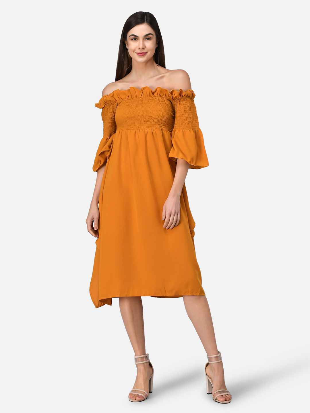 Buy TANDUL Women Off Shoulder Bell Sleeve Midi Dress - Dresses for ...