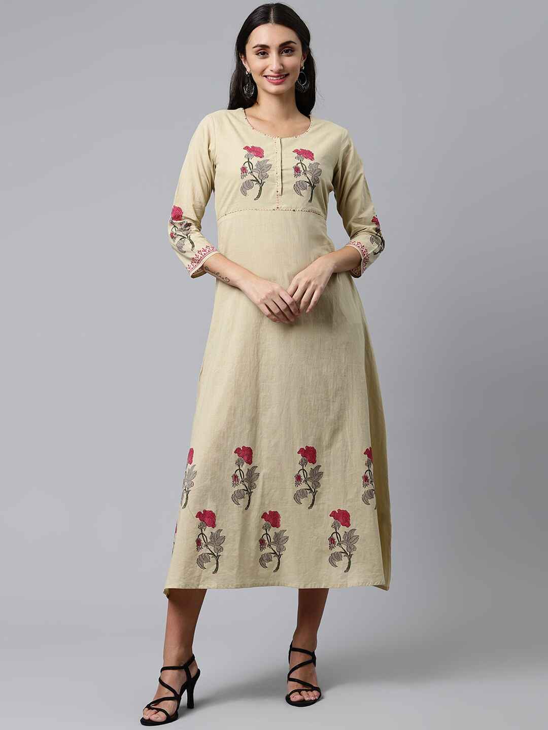 Buy HERE&NOW Women Beige Printed Cotton A Line Ethnic Dresses - Ethnic ...