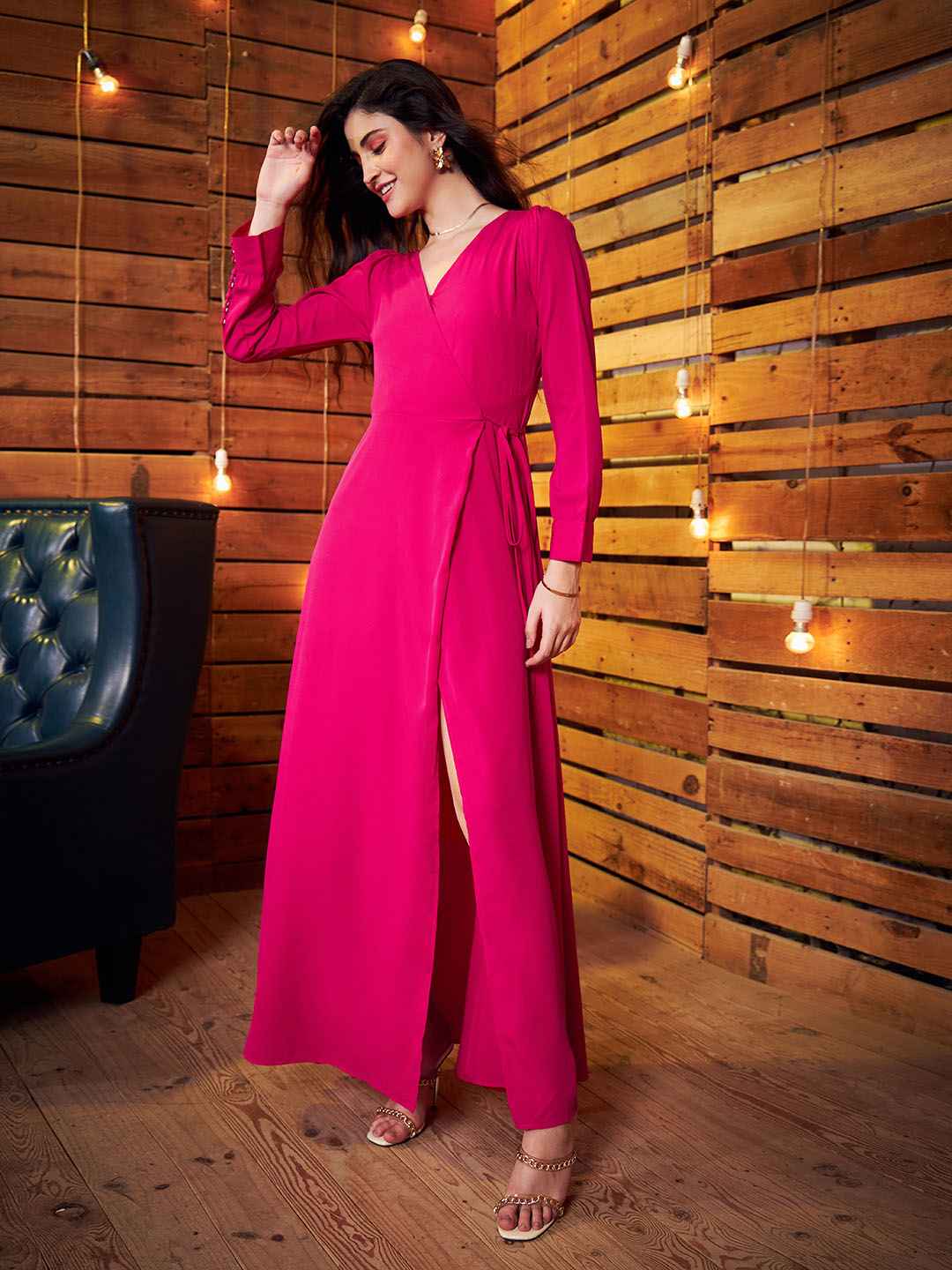 Buy Berrylush Pink Solid V Neck Cuffed Tie Up Sleeves Maxi Dress ...