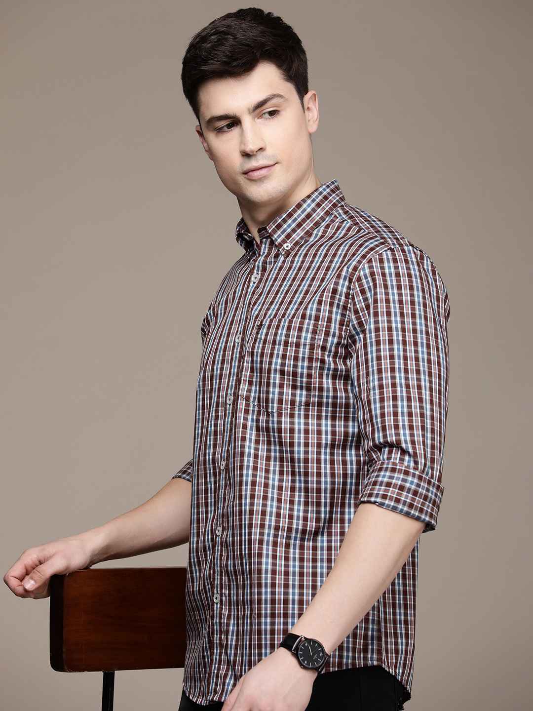 Buy French Connection Pure Cotton Button Down Collar Checked Slim Fit ...