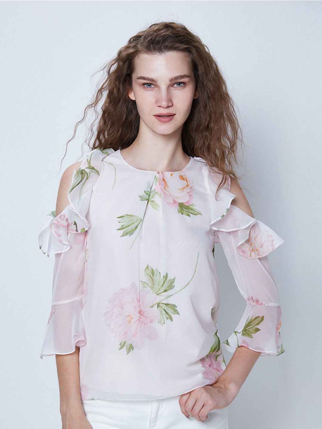 Buy COVER STORY Floral Printed Cold Shoulder Ruffled Top - Tops for ...