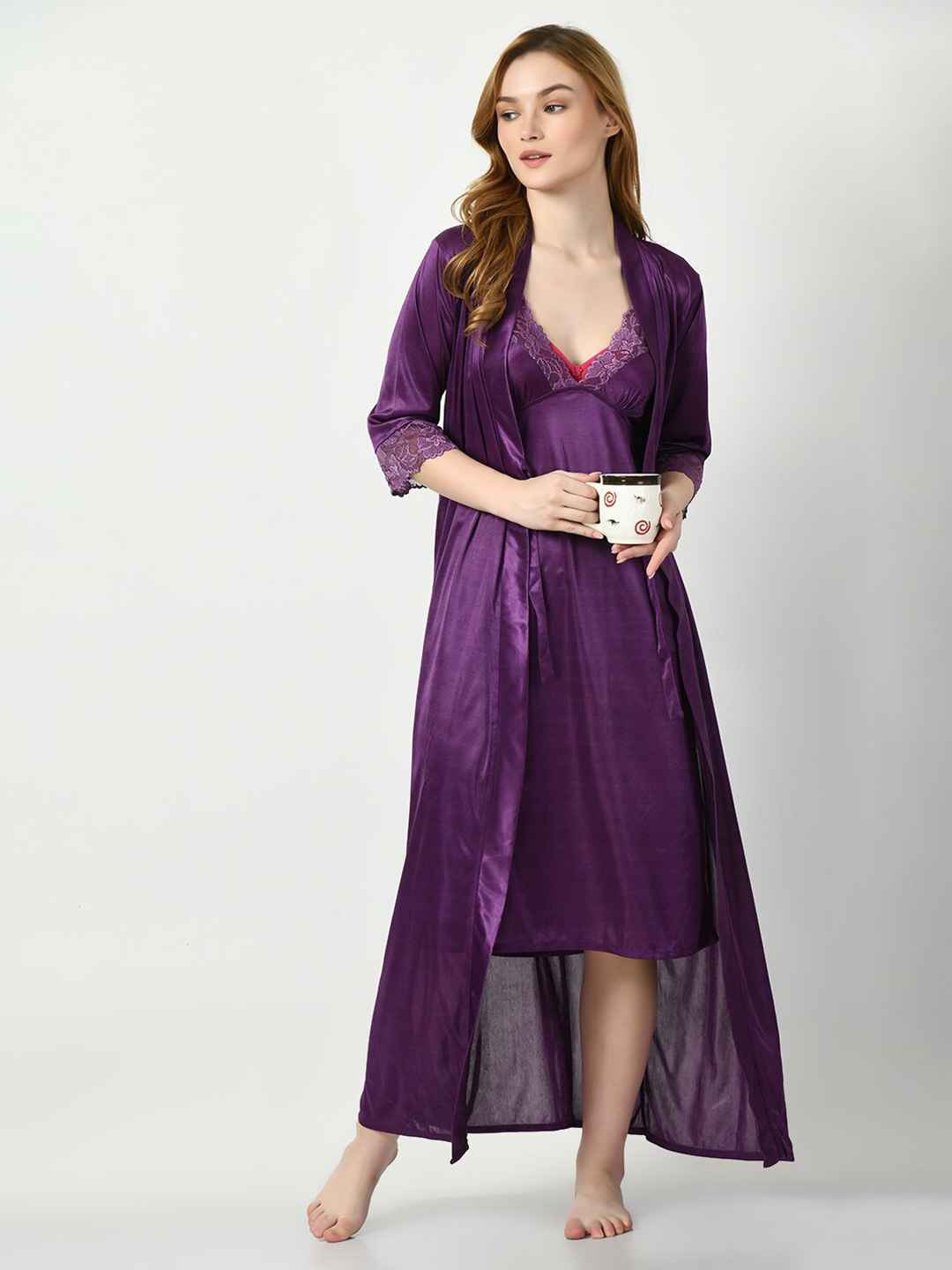Buy Legit Affair Knee Length Satin Nightdress With Robe - Nightdress ...