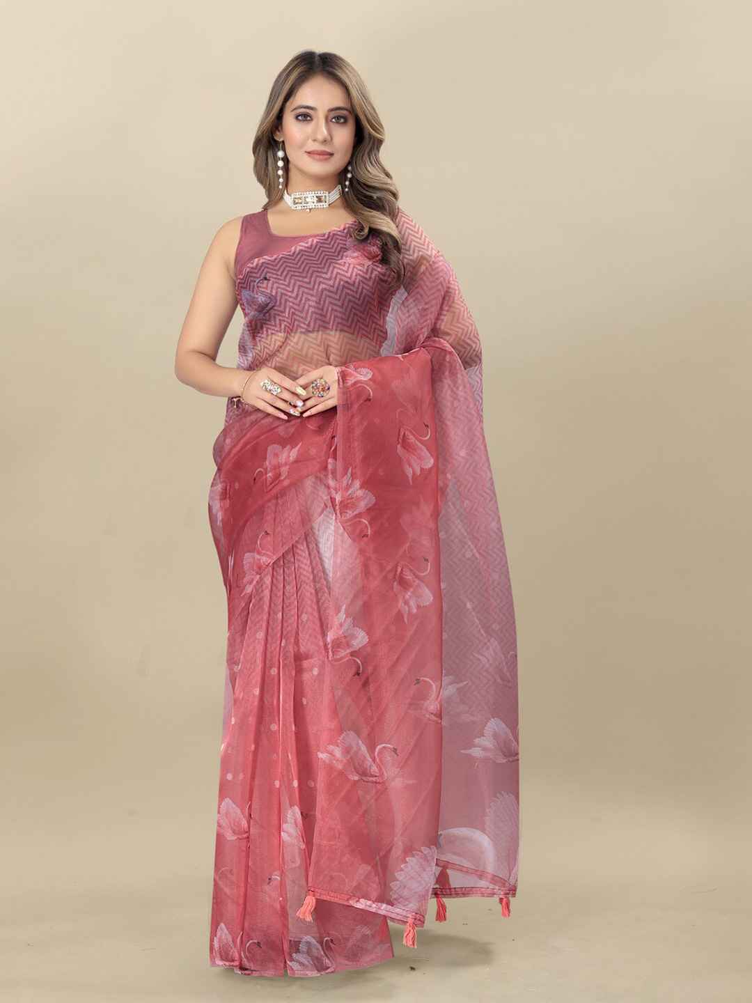 Buy MOKSHA DESIGNS Swam & Geometric Print Organza Saree With Tassels ...